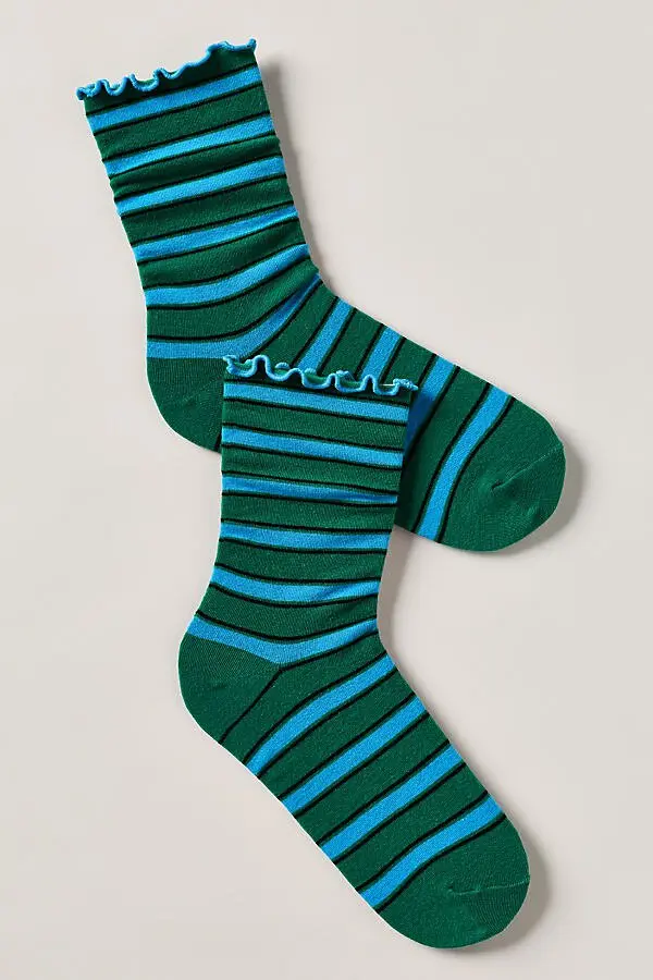 Anthropologie Ruffle Stripe Crew Socks - Green/blue