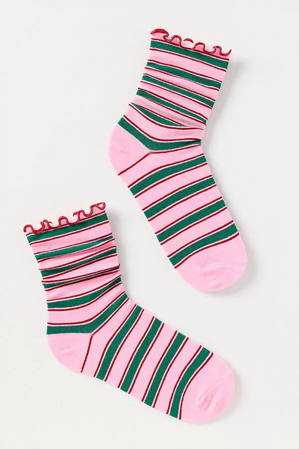 Anthropologie Ruffle Stripe Crew Socks - Pink/red