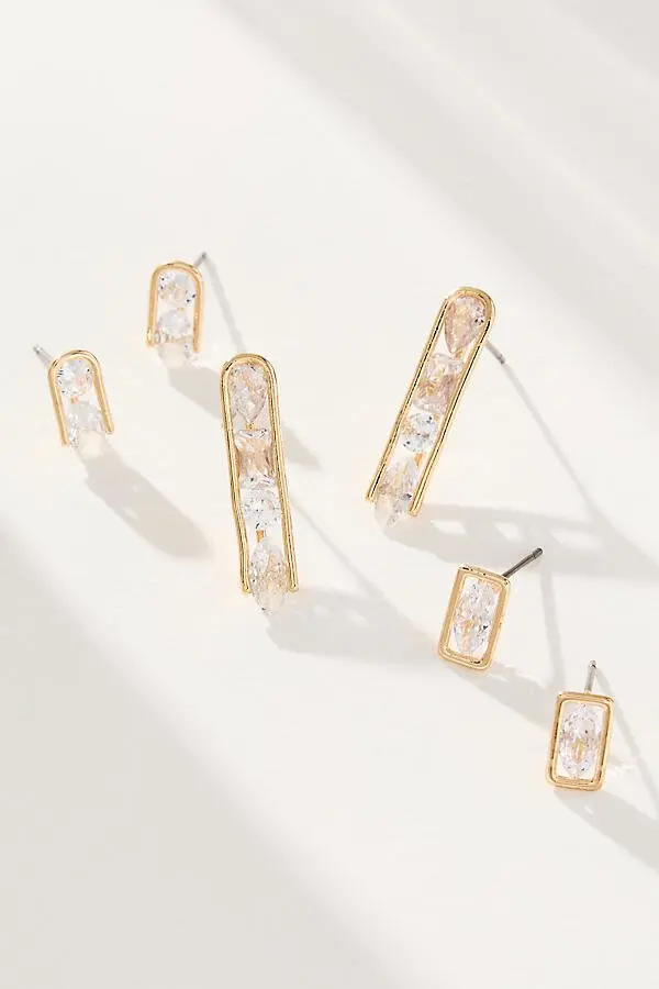 Anthropologie Framed Crystal Earrings Set Of 3 - Gold