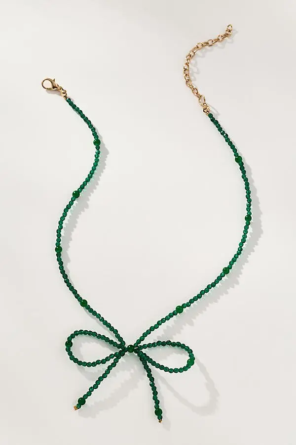 Anthropologie Beaded Bow Necklace - Green
