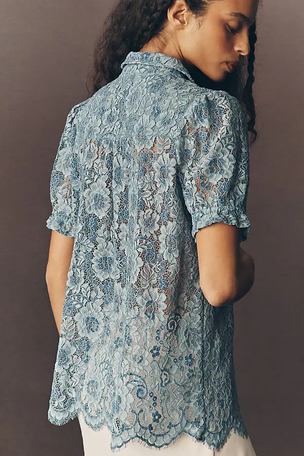 PILCRO Aly Lace Puff-sleeve Blouse - Blue