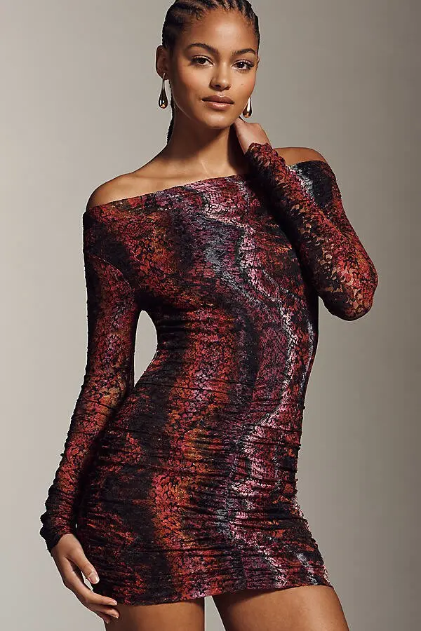 AFRM Off-shoulder Long-sleeve Mesh Mini Dress