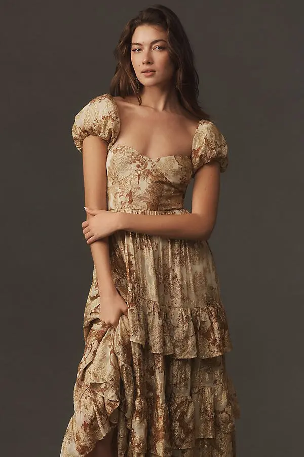 Bhldn Lurex Printed Tiered Puff-sleeve Dress - Chocolate
