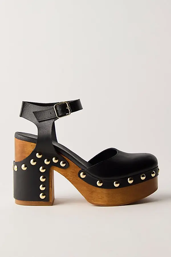Free People Cecelia Studded Clogs With Ankle Strap - Black