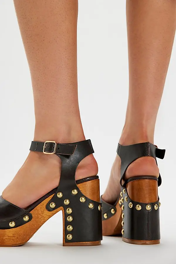 Free People Cecelia Studded Leather Clogs With Ankle Strap And Platform Heel - Chocolate