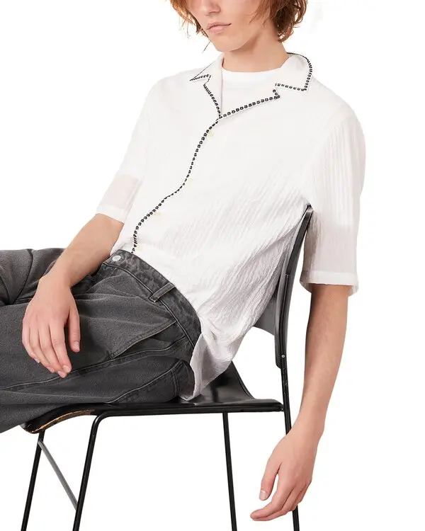 Officine Générale Eren Short Sleeve Embroidered Seersucker Shirt - White/black