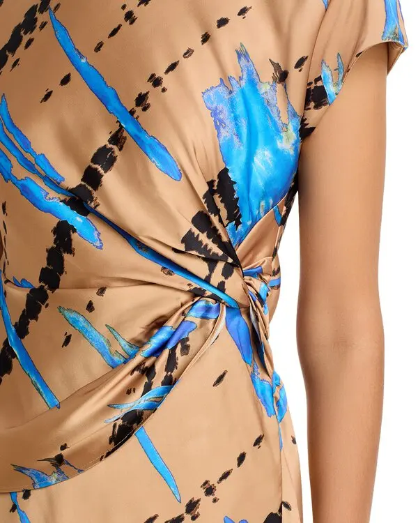 AREA STARS Avery Draped Printed Satin Dress - Tan Abstract
