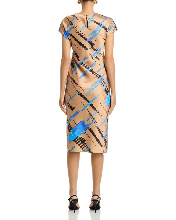 AREA STARS Avery Draped Printed Satin Dress - Tan Abstract