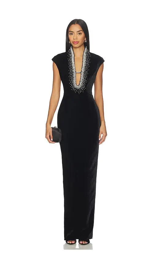 SAU LEE Lenora Velvet Gown With Beaded Embellishment - Black