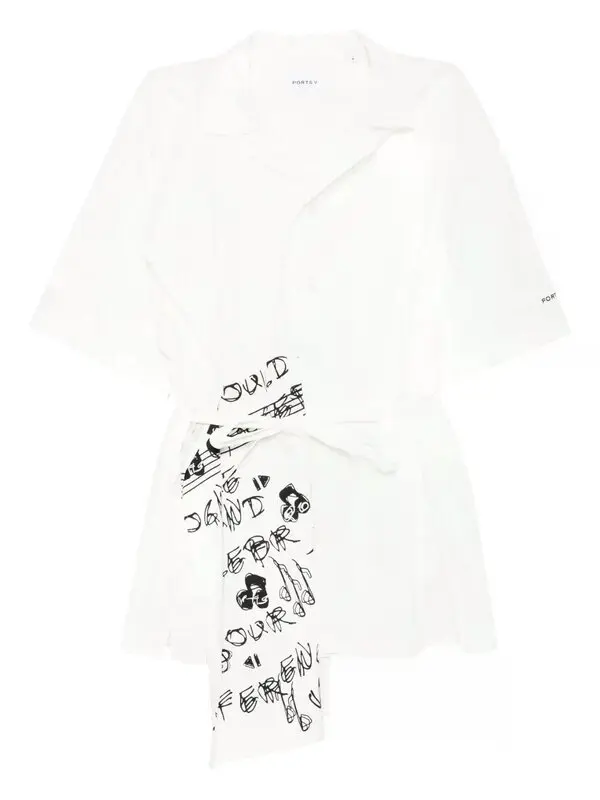 PORTS V Waist Tie Love Button Shirt - White
