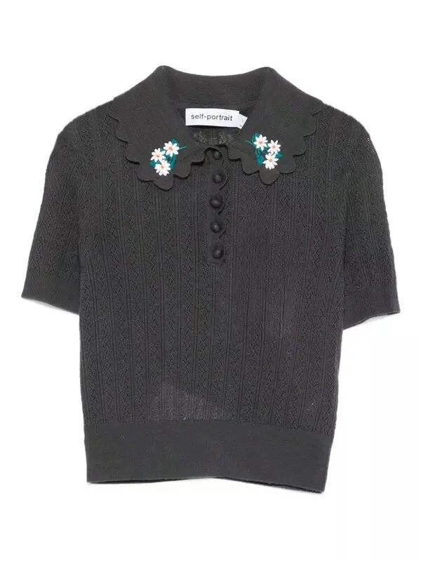 SELF-PORTRAIT Floral-appliqué Knit Polo Shirt