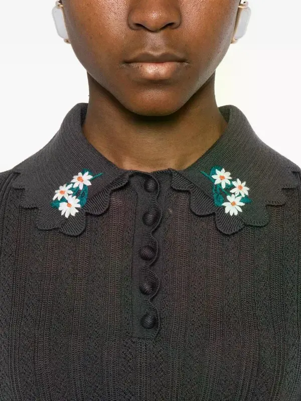 SELF-PORTRAIT Floral-appliqué Knit Polo Shirt