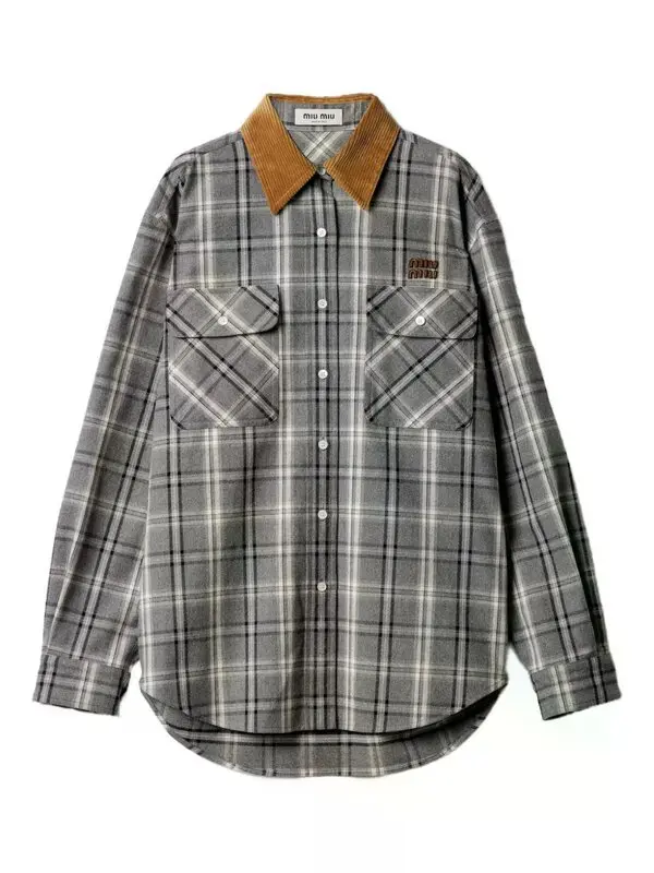 Miu Miu Corduroy Collar Plaid Flannel Shirt - Grey