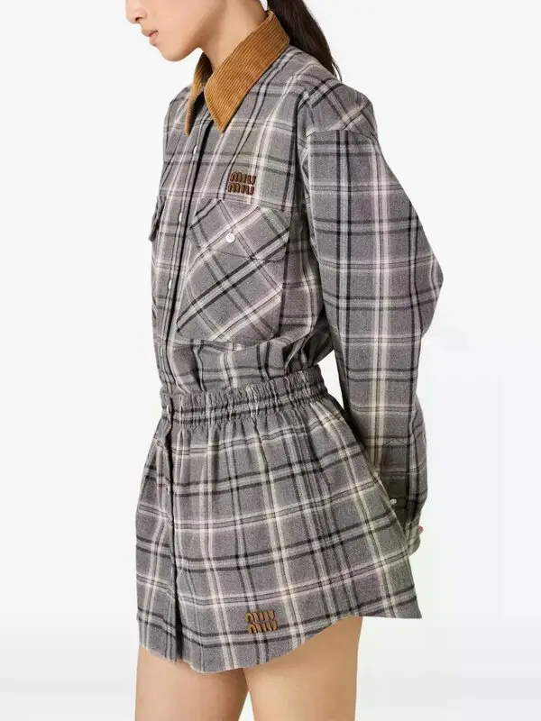 Miu Miu Corduroy Collar Plaid Flannel Shirt - Grey