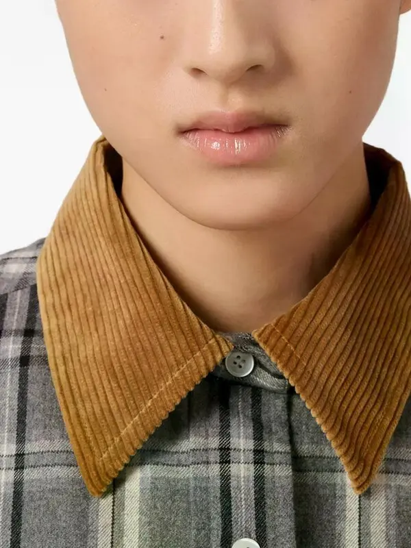 Miu Miu Corduroy Collar Plaid Flannel Shirt - Grey