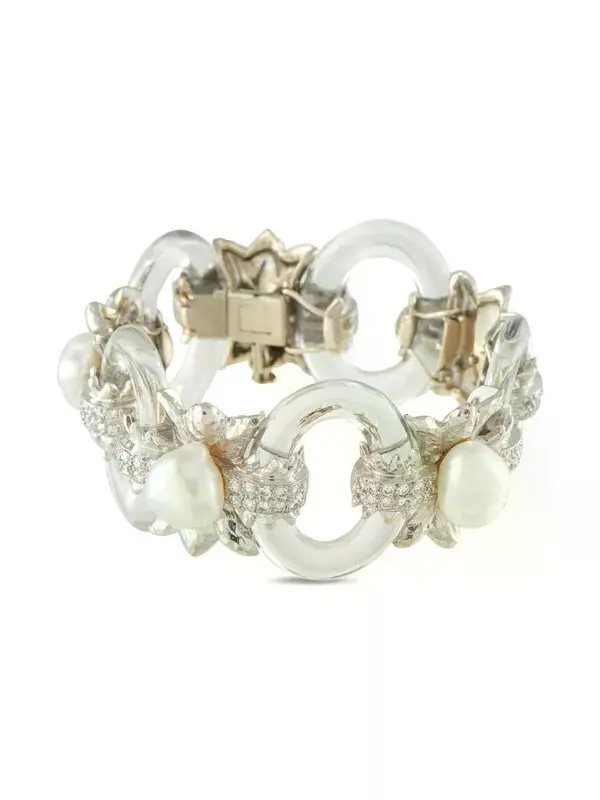 David Webb 18k White Gold, Rock Crystal, And Pearl Bracelet - Silver