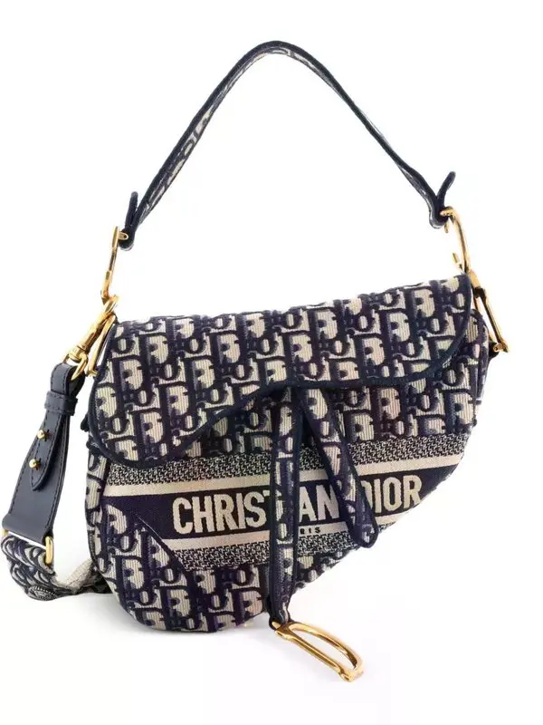 Dior Saddle Handbag Logo Embroidered Oblique Canvas Medium Shoulder Bag - Blue