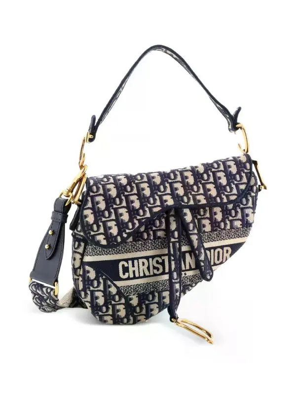 Dior Saddle Handbag Logo Embroidered Oblique Canvas Medium Shoulder Bag - Blue