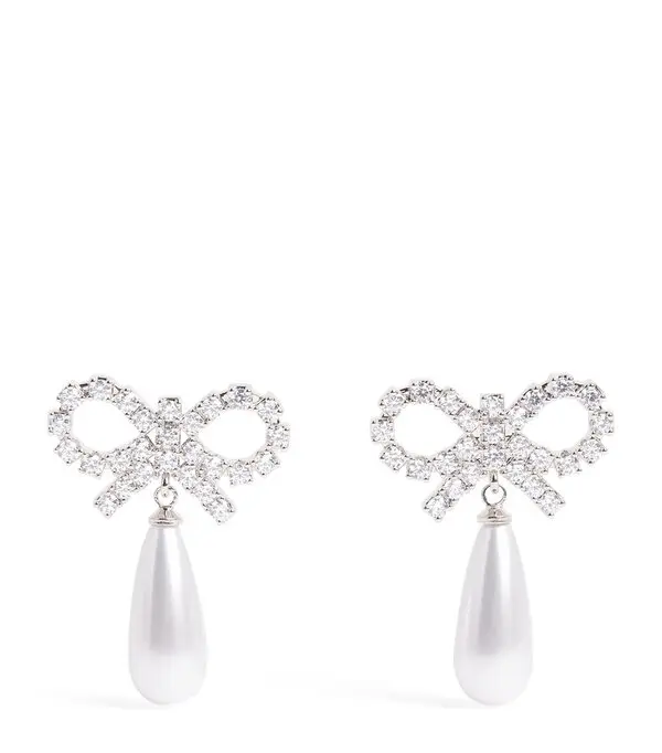 SELF-PORTRAIT Crystal And Faux Pearl Bow Drop Earrings - Silver