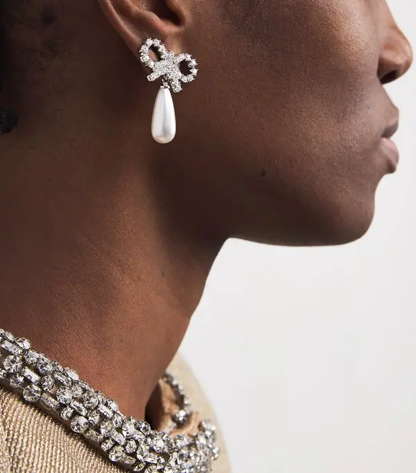 SELF-PORTRAIT Crystal And Faux Pearl Bow Drop Earrings - Silver