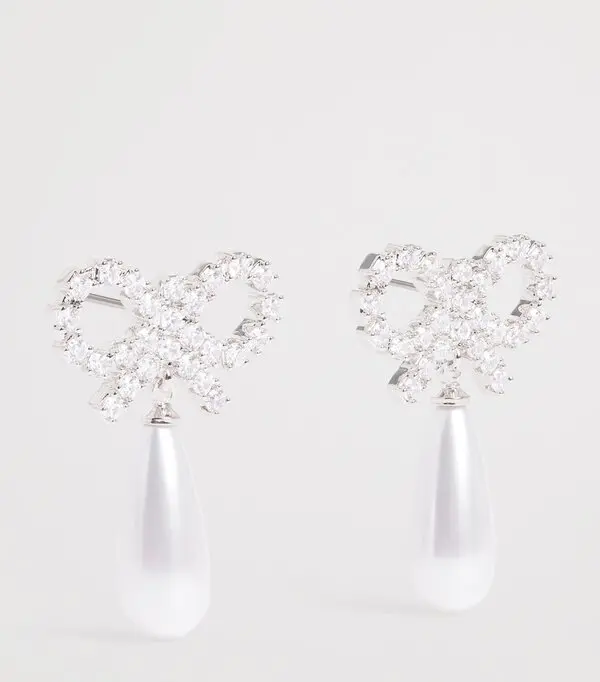 SELF-PORTRAIT Crystal And Faux Pearl Bow Drop Earrings - Silver