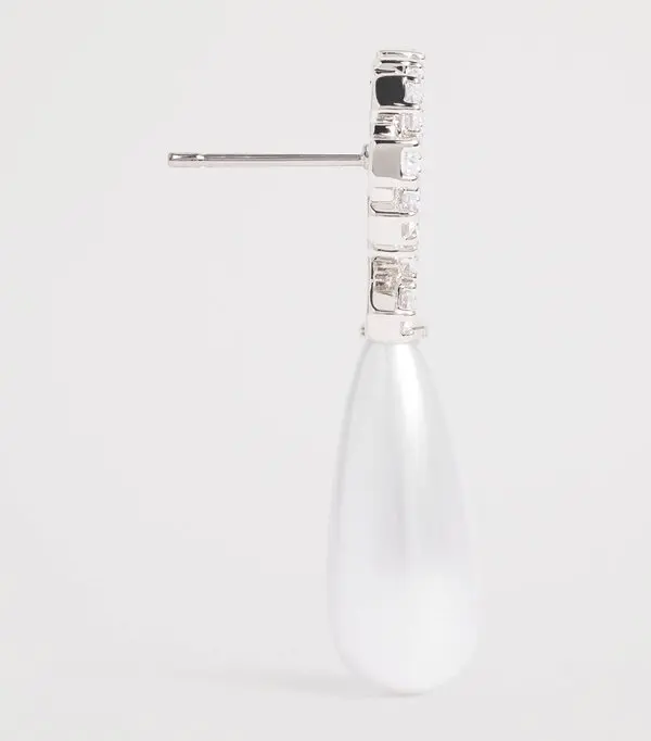 SELF-PORTRAIT Crystal And Faux Pearl Bow Drop Earrings - Silver