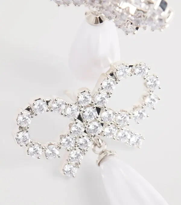 SELF-PORTRAIT Crystal And Faux Pearl Bow Drop Earrings - Silver