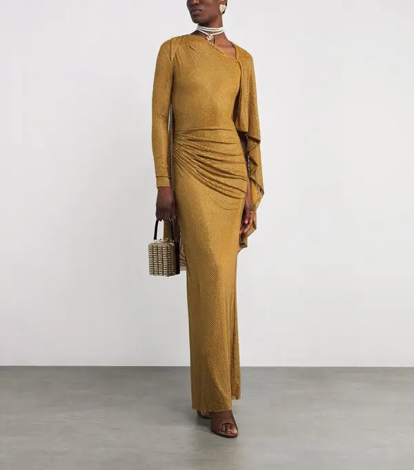 Self-portrait Rhinestoned Draped Maxi Dress - Gold