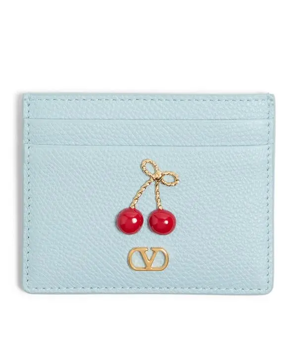 Valentino Garavani Grained Leather Vlogo Signature Cherry Card Holder - Blue