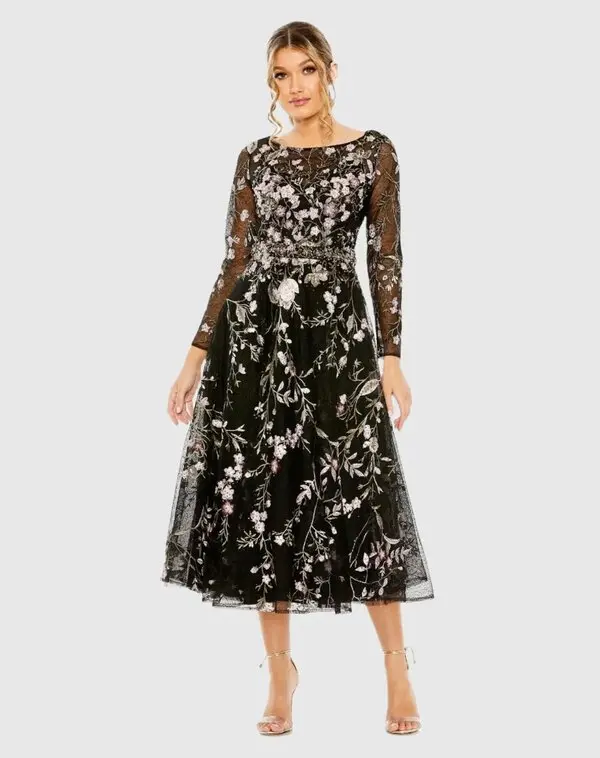 Mac Duggal High-neck Long-sleeve Embroidered Dress