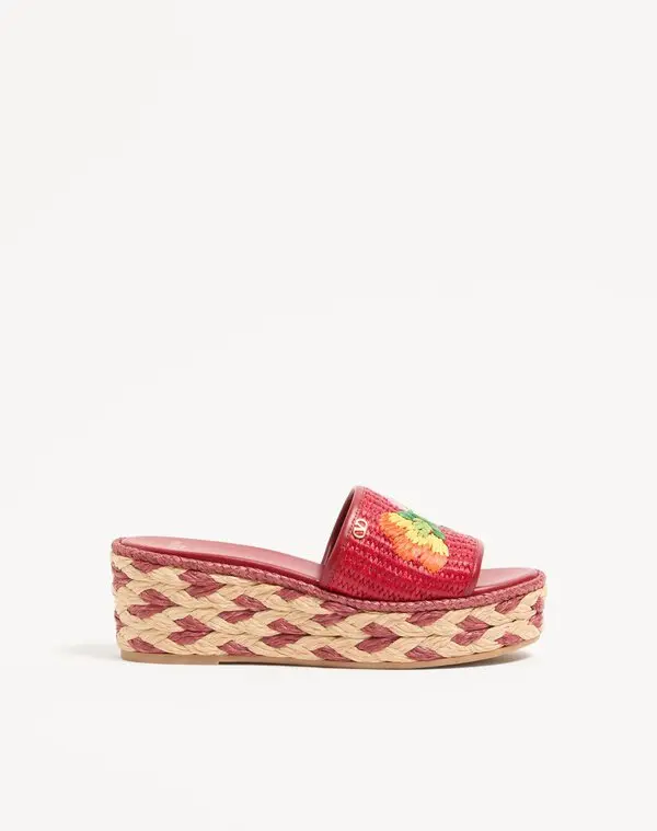 Valentino Garavani Bribri Raffia Wedge Slides With Floral Embroidery - Red