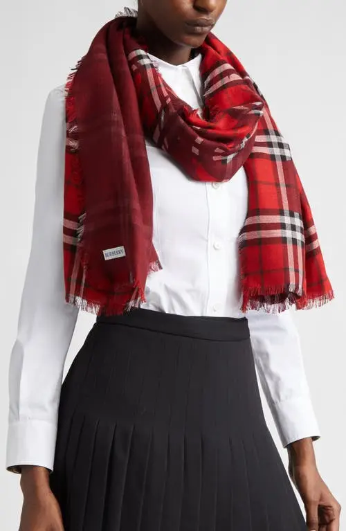 Burberry Wide Ekd Check Wool & Silk Fringe Scarf - Post Red