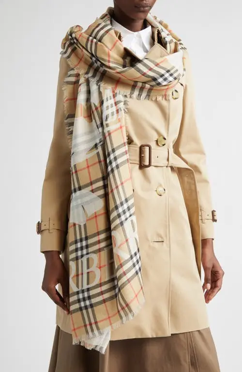 Burberry Wide Ekd Check Wool & Silk Fringe Scarf - Sand