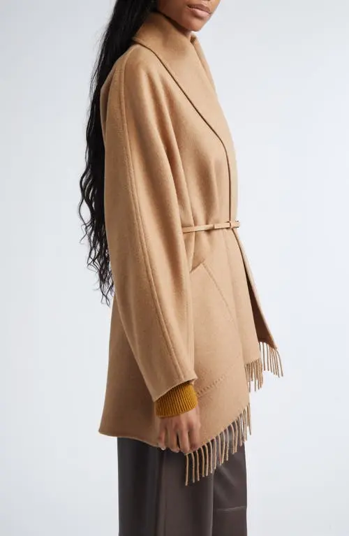 Max Mara Abilita Fringed Belted Hair Cape Jacket - Camel