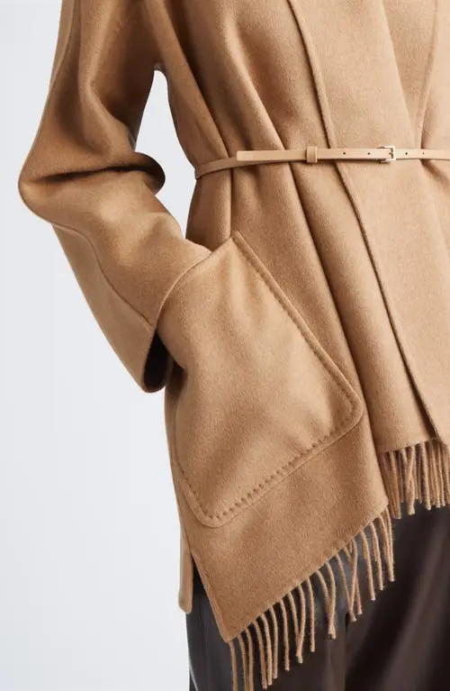 Max Mara Abilita Fringed Belted Hair Cape Jacket - Camel