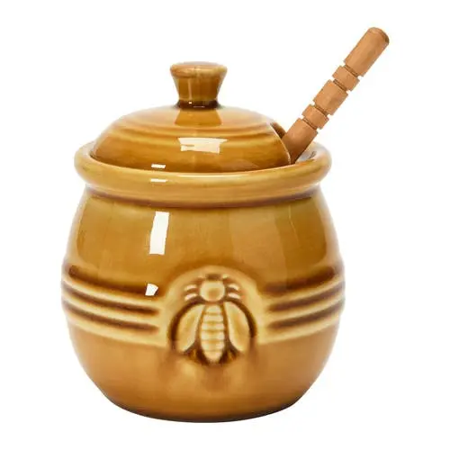 STORIED HOME Farmhouse Embossed Stoneware Honey Pot With Wood Honey Dipper - Brown
