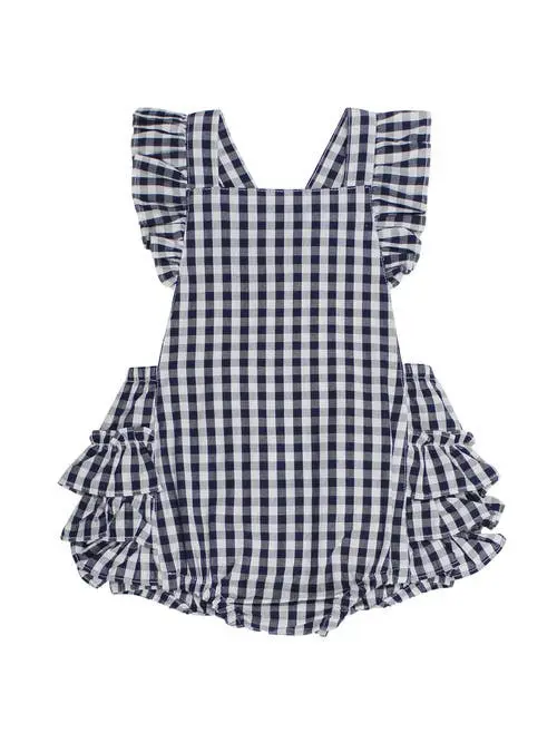 RUFFLEBUTTS Flutter Overall Romper - Classic Dark Navy Gingham