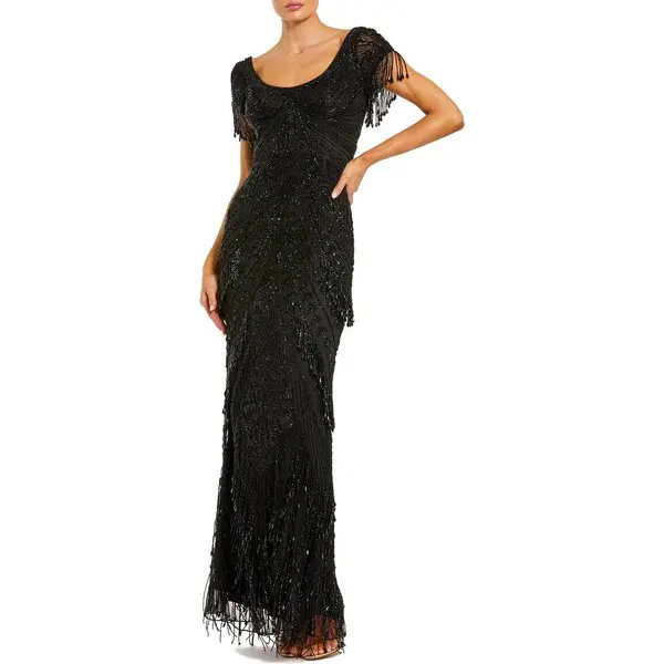 Mac Duggal Beaded Mesh Fringe Short Sleeve Column Gown