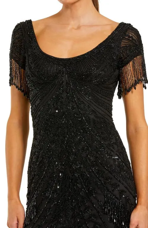 Mac Duggal Beaded Mesh Fringe Short Sleeve Column Gown