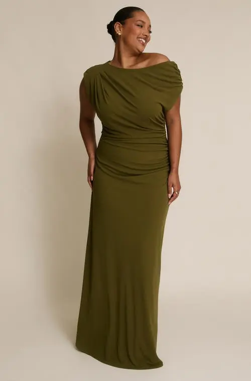 SIX STORIES Draped Slash Neck Maxi Dress - Fern