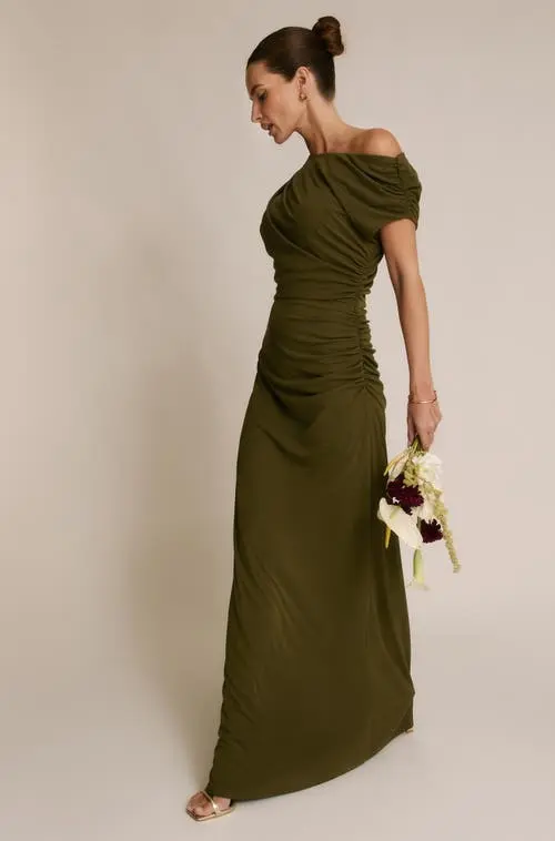 SIX STORIES Draped Slash Neck Maxi Dress - Fern