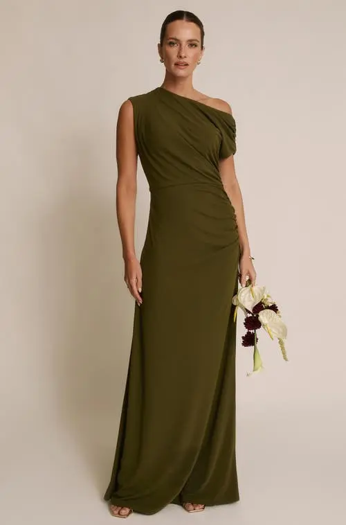 SIX STORIES Draped Slash Neck Maxi Dress - Fern