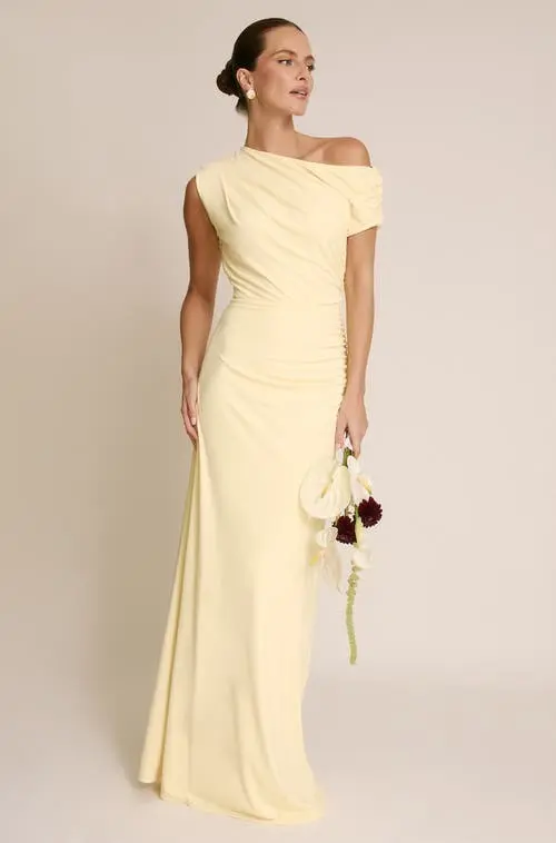 SIX STORIES Slash Neck Draped Bridesmaid Gown - Lemon