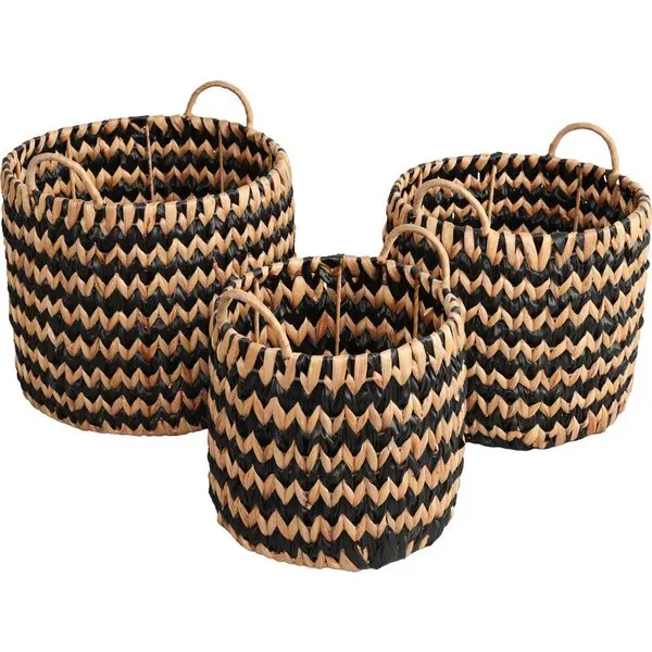 HAPPIMESS Cassia Handwoven Two-tone Water Hyacinth Nesting Storage Baskets With Handles - Black/natural