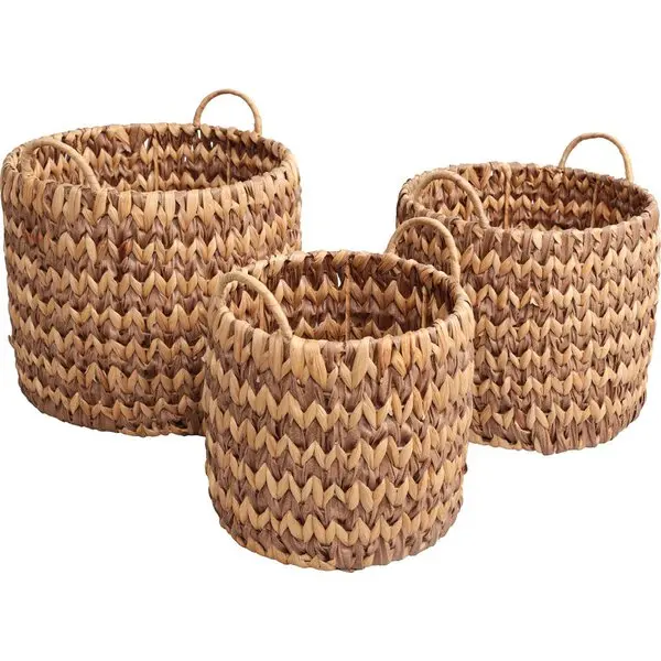 HAPPIMESS Cassia Handwoven Two-tone Water Hyacinth Nesting Storage Baskets With Handles - Brown/natural