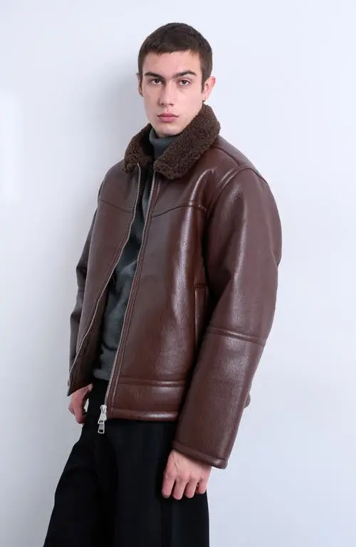Topman Faux Shearling & Faux Leather Bomber Jacket - Brown