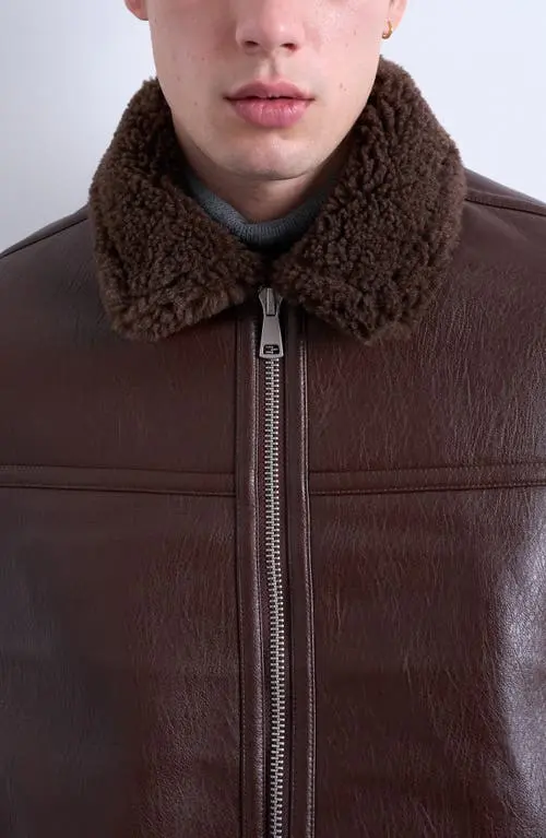 Topman Faux Shearling & Faux Leather Bomber Jacket - Brown