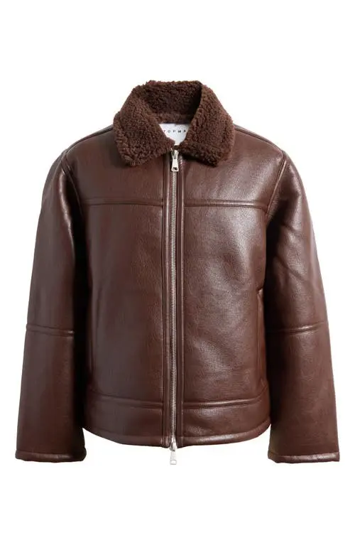 Topman Faux Shearling & Faux Leather Bomber Jacket - Brown