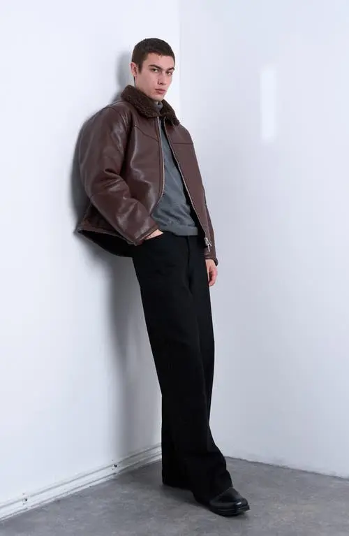 Topman Faux Shearling & Faux Leather Bomber Jacket - Brown