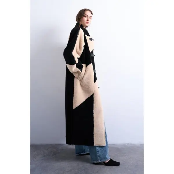 Topshop Patchwork Colorblock Faux Shearling Longline Coat - Black